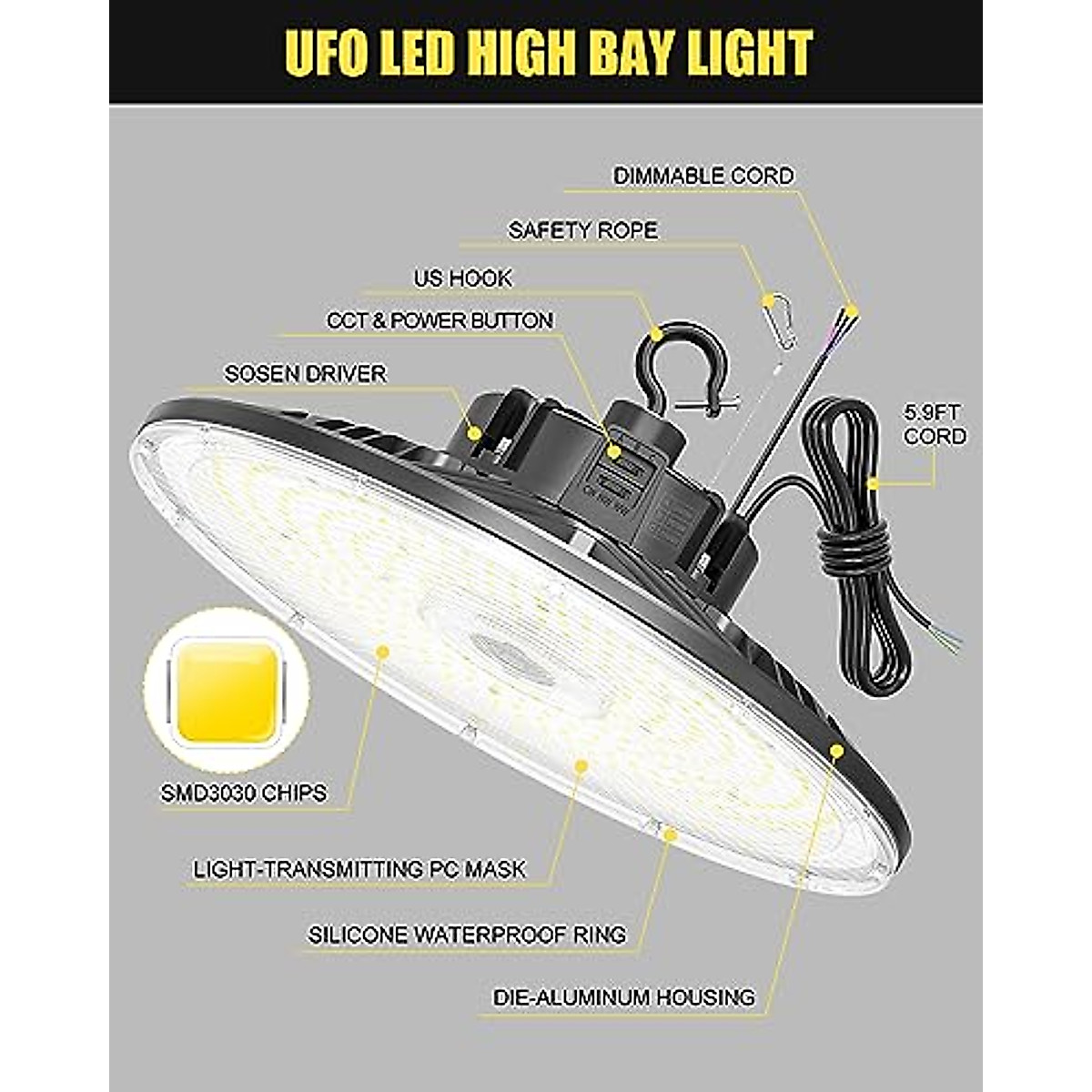 ADUB LED UFO High Bay Light 240W 200W 150W, UL Listed Dimmable LED High Bay Shop Lights 3000K ...