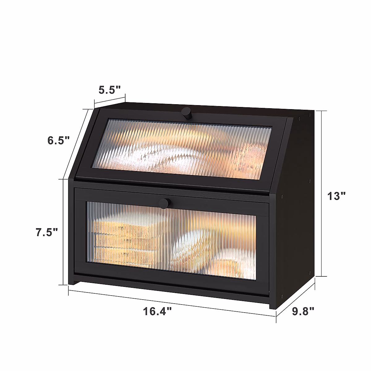 Vriccc Black Bread Box for Kitchen Counter, Large Bamboo Wood Double Layer Bread Box, Wooden Bread Storage Capacity