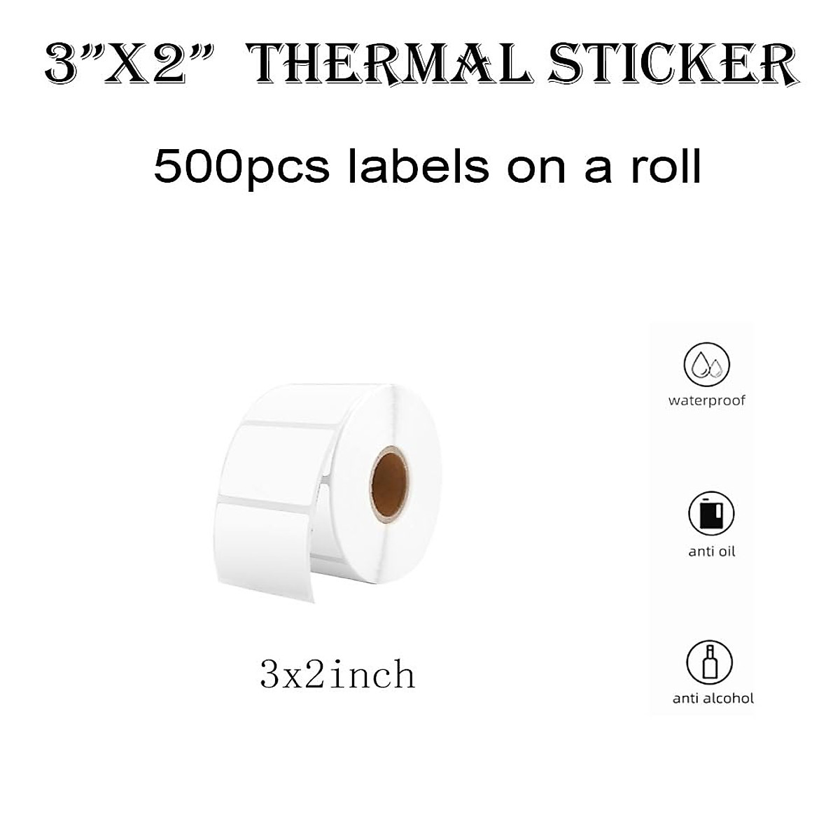 3x2 inch White Direct Thermal Labels, Barcode Address Label Stickers, Compatible with Rollo & Zebra Thermal Label Printer(500 per roll)