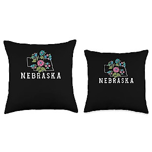 Nebraska Map Flowers American USA State Gift Map Flowers | American USA State | Nebraska Throw Pillow, 16x16, Multicolor