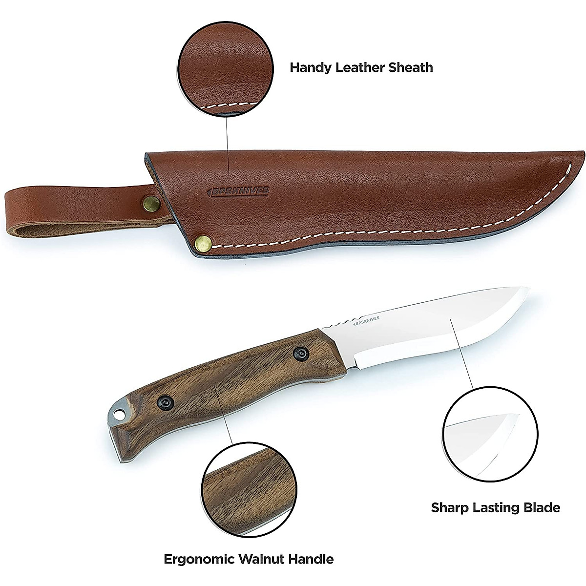 BPS Knives HK1 SSH - Handmade Stainless Steel Knife - Fixed Blade Full Tang Hunting Knife - Camping Bushcraft Knife With Leather Sheath - Outdoor Knives - Survival Camp Knife