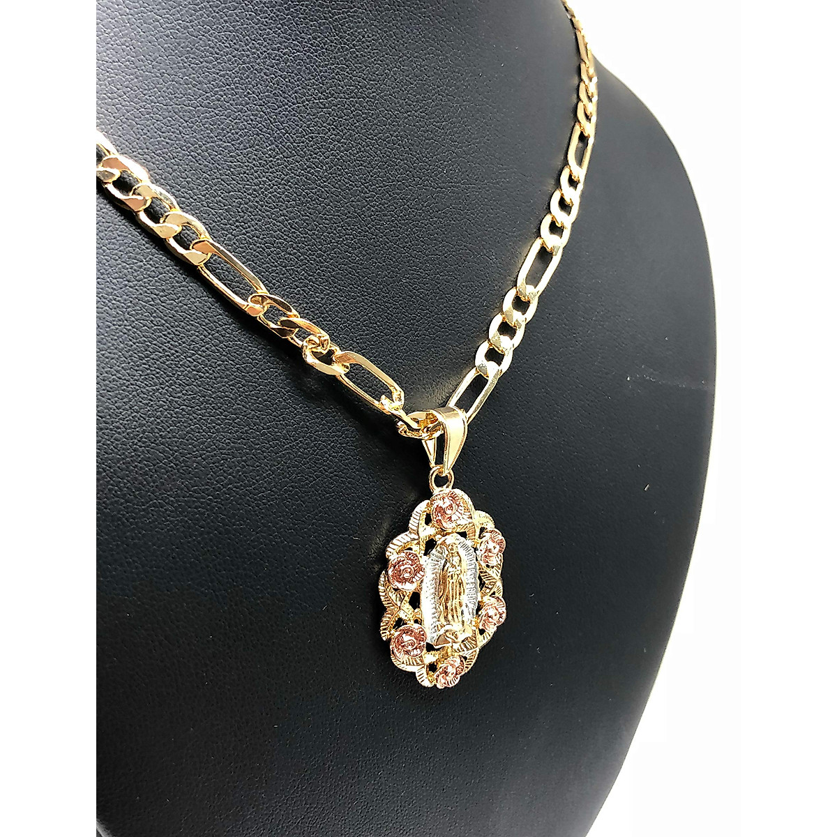 Tri-Color Virgin Mary Flower Pendant Necklace 26" Virgen de Guadalupe Medalla Tres Colores Con Flores