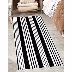 Front Porch Rug 24'' x 51'' Black and White Outdoor Rug Washable Front Door Mat Striped Entryway Rugs Cotton Hand-Woven Reversible Welcome Layered Doormat Carpet for Kitchen/Bathroom/Living Room