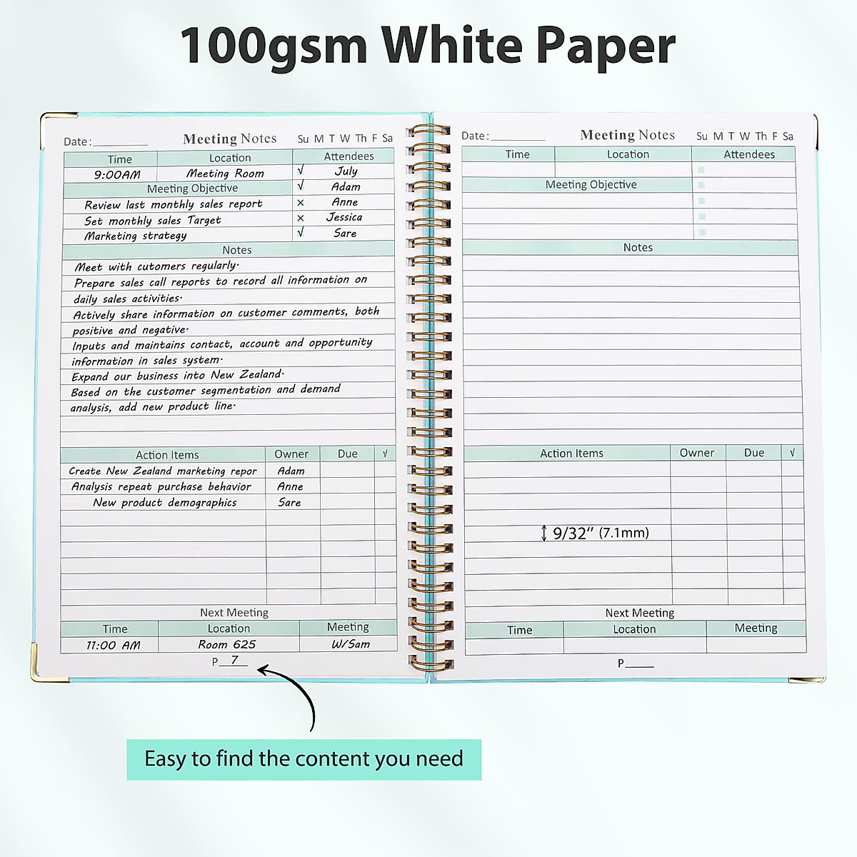 GuanQiao Meeting Notebook for Work with Action Items,Hardcover Spiral Meeting Notes for Note Taking,Professionally Office/Business/Schools Agenda for Men/Women,160 Pages,7 x 10, Teal