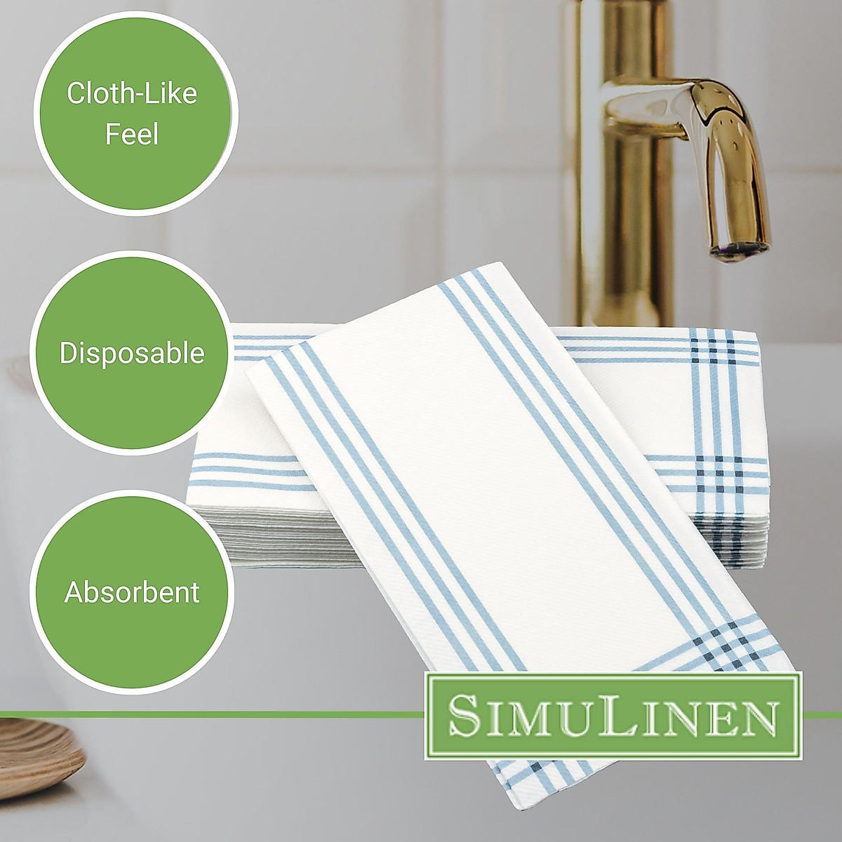 Simulinen Blue Plaid Disposable Guest Hand Towels for Bathrooms –- Linen-Feel Paper Towels, Cloth-Like Texture, Single-Use - Size: 12x17” Unfolded & 8.5x4” Folded 25ct