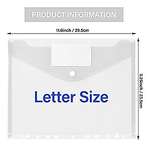 Vobou 12 Pack Plastic Envelopes Clear Binder Pocket 11 Holes Expandable Binder Folders for 2/3/4 Ring Document Pouch, Snap Button and Lable Poly Envelopes for School, Home and Office