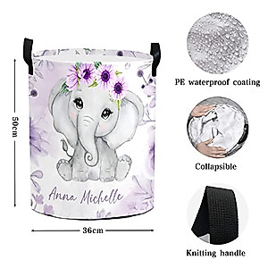 Personalized Laundry Basket, Floral Purple Elephant Custom Storage Bins Laundry Hamper with Name Collapsible Toys Organizer Gift