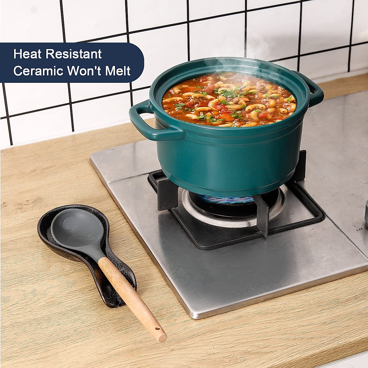 KQRIV Ceramic Spoon Rest for Stove Top - Extra Large Navy Porcelain Spoon Rest for Kitchen Counter, 8.6 Inch Heat Resistant Cooking Utensil Rest - Dishwasher Safe