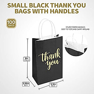 DjinnGlory 100 Pack Small Black Thank You Paper Gift Bags with Handles for Small Business, Shopping, Wedding, Baby Shower, Party Favors (9''x5.5''x3.15'', Black)