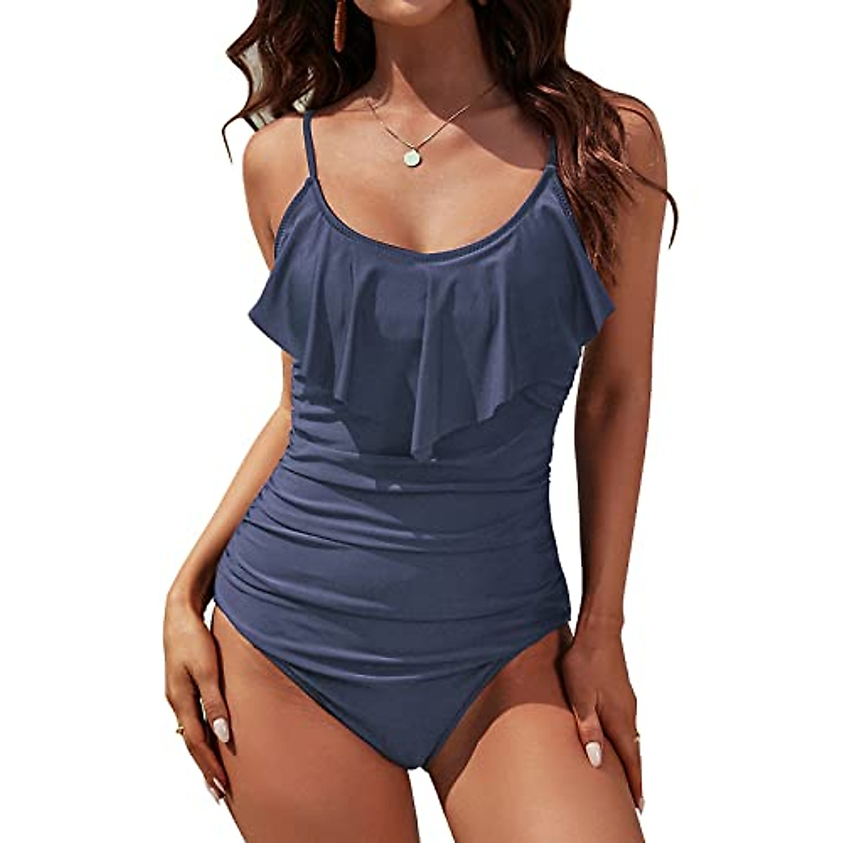 Blooming Jelly Womens One Piece Bathing Suit Tummy Control Swimwear Ruffled Vintage Swimsuits (X-Large, Dusty Blue)