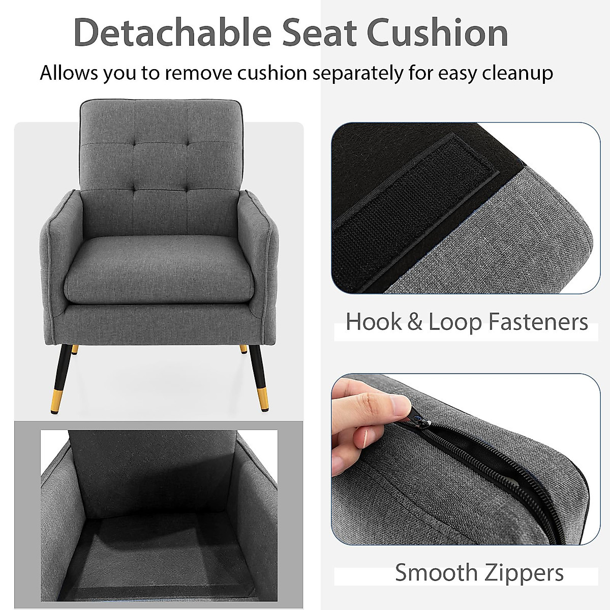 Giantex Modern Mid-Century Accent Chair - Upholstered Armchair with Tufted Back, Metal Legs, Adjustable Foot Pads, Linen Fabric Single Sofa Chair for Reading, Living Room Chair for Bedroom, Grey