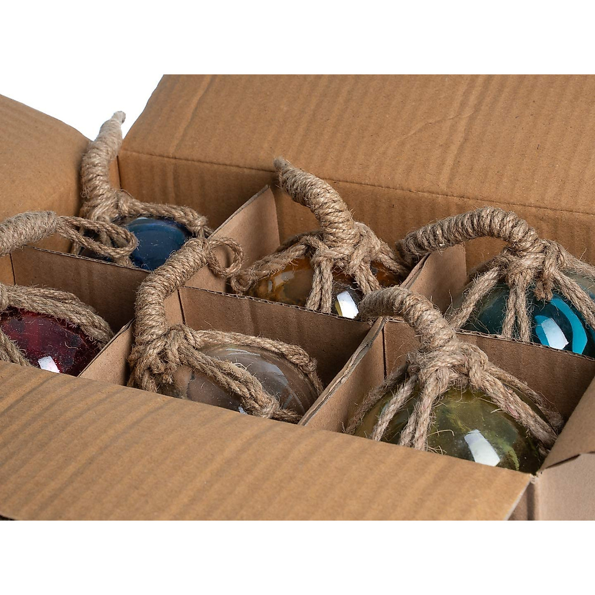 Japanese Glass Fishing Floats Ball - 3" Multicolor (6 Pack) - Glass Buoys with Rope - Japanese Glass Floats - Fishing Float Glass - Glass Float Balls - Glass Ball Float Decor - Nautical Glass Balls