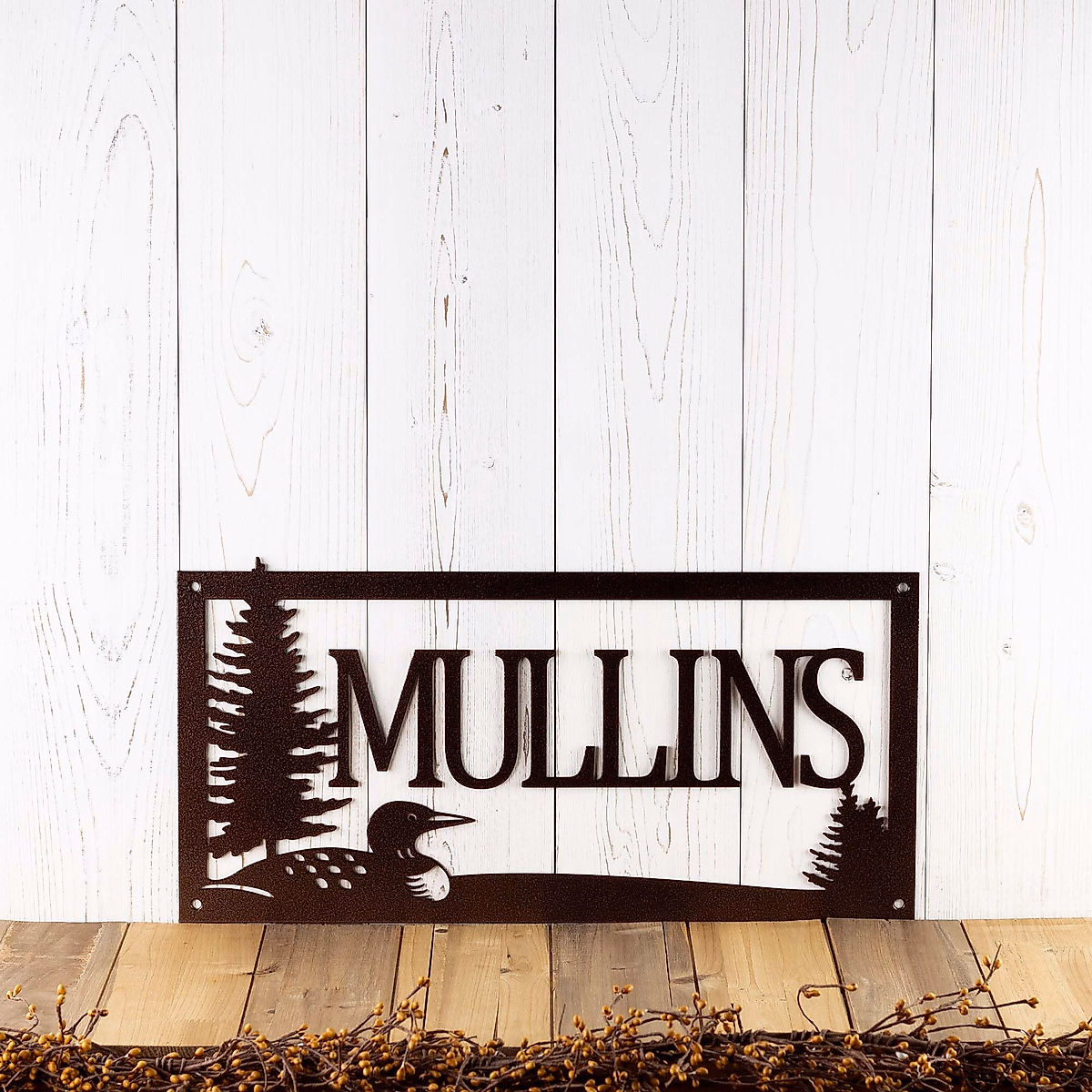 Personalized Rectangular Metal Family Name Plaque with Lake Loon and Pine Trees