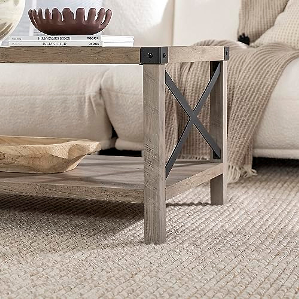 Walker Edison Sedalia Modern Farmhouse Metal X Coffee Table, 40 Inch, Grey Wash