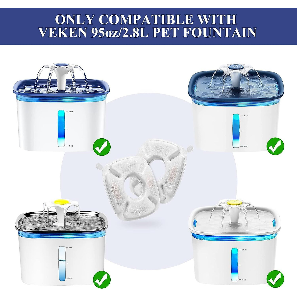 4 Pack Replacement Filters & 4 Pack Replacement Pre-Filter Sponges for 67oz, 95oz and 135oz Automatic Cat Water Fountain Dog Water Dispenser, Cat Water Fountain Filters