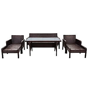 Tensun 6-Piece Outdoor PE Wicker Sofa Set,Patio Rattan Dining Table Set with Removable Cushions and Tempered Glass Tea Table, Sectional Sofa Set for Backyard, Poolside, Deck, Brown Wicker+Blue Cushion