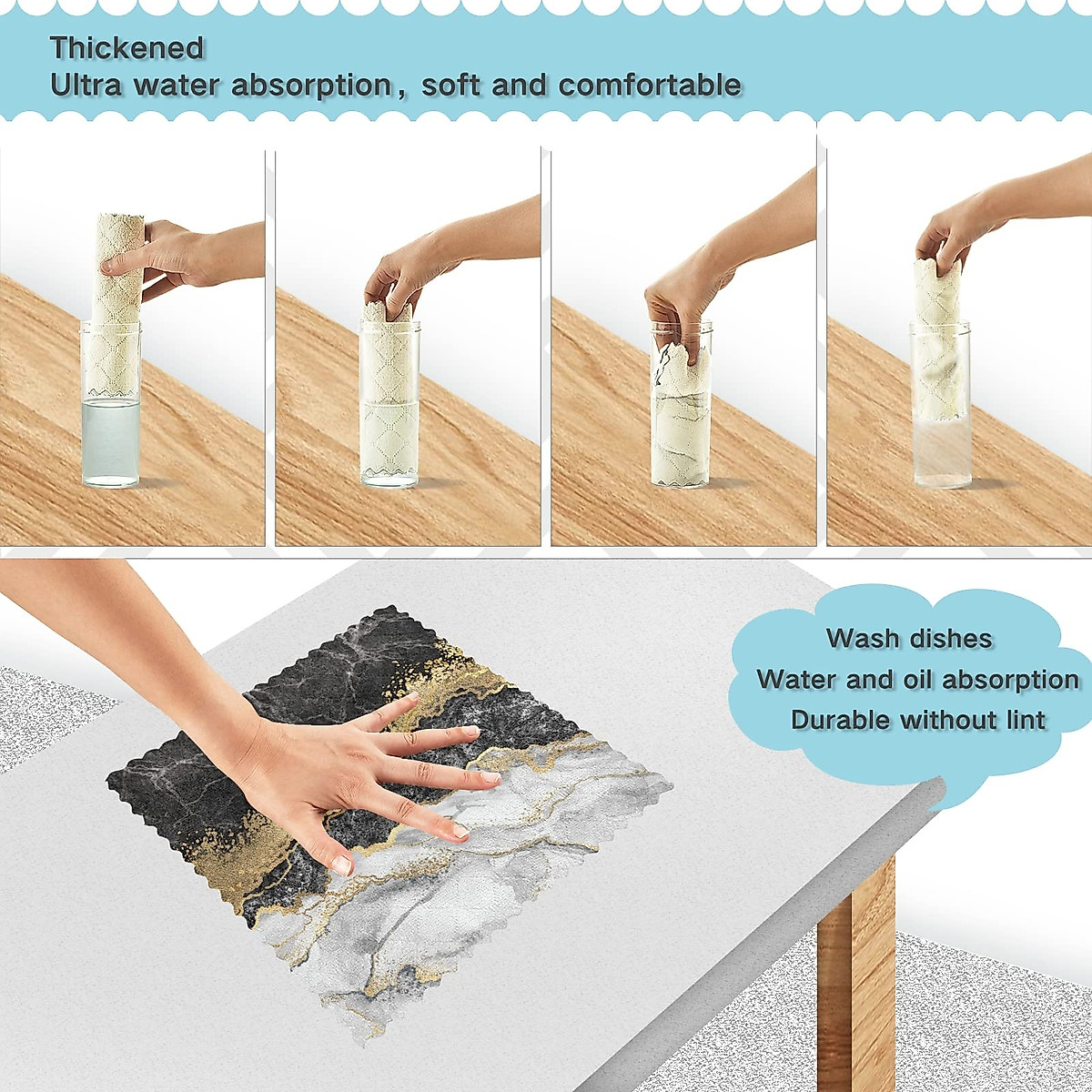 Dish Cloths Dish Towels Kitchen Towels 6 Pack Sets Absorbent Gold Black Marble Soft Decorative Reusable Nonstick Oil Washable