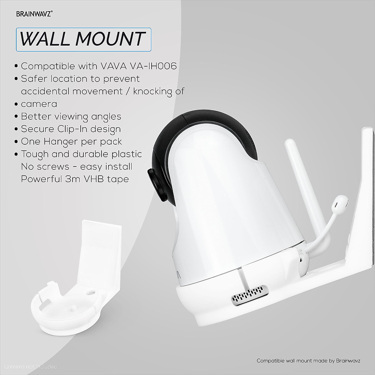 BRAINWAVZ Adheasive Wall Mount for VAVA Baby Monitor Camera (VA-IH006) Shelf - No Screws, Easy to Install, No Mess, Strong Mount Holder, White