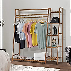 MoNiBloom Bamboo Clothing Rack with 5-Tier Storage Shelves Trapezoid Multi-Functional Clothes Rack, Clothes Hanging Rack Stand for Bedroom Living Room, Brown