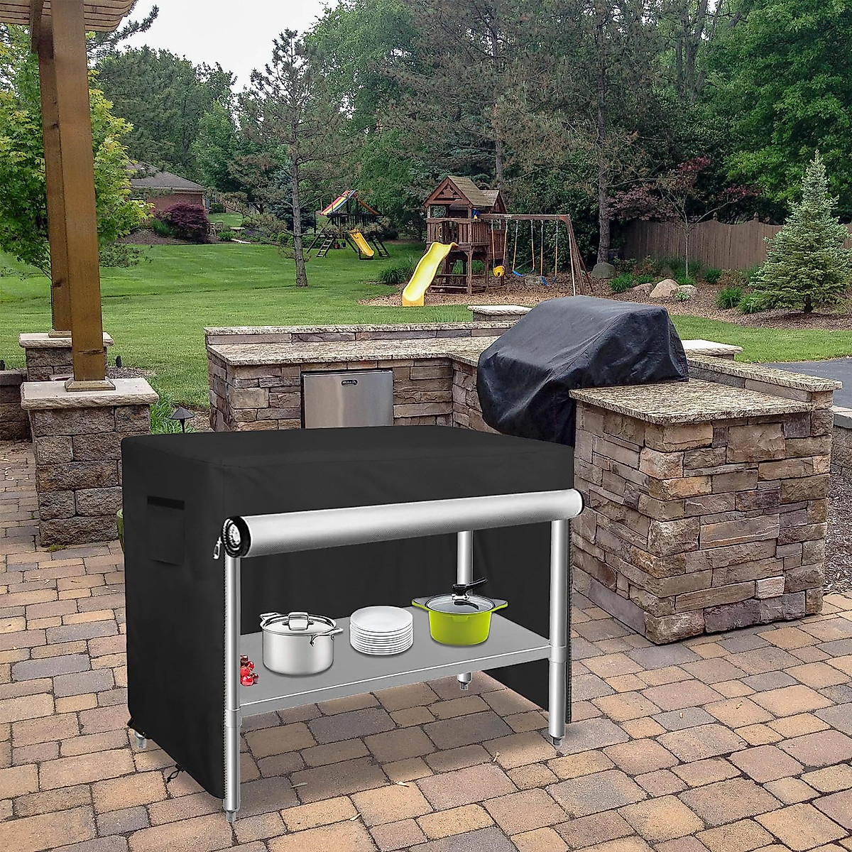 Bitubi 48 Inch Outdoor Prep Table Cover with Split Zipper, Waterproof Stainless Steel Grill Cart Cover for Patio Table - 48''L x 30''W x 35''H (Black)