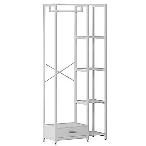SogesHome Hall Tree with 1-Drawer, 3-in-1 Wood Cloth Garment Racks, Coat Stand with 4-Tier Side Storage Shelves, Home Storage Stand Open Display for Living-room, Bedroom, White