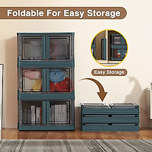 BROVIEW V6 Storage Bins with Lids, 102 QT Stackable Storage Bins with Wheels, Collapsible Storage Bins with Doors, Folding Storage Cabinets for Closet, Home Office Dorm Organizer Essential, Green