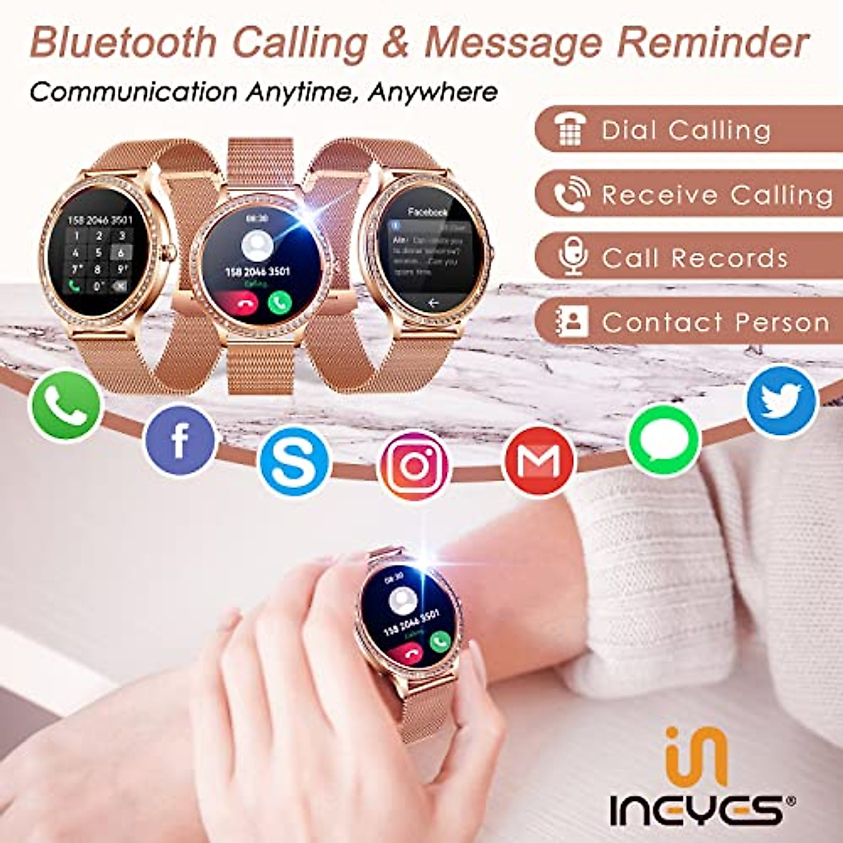 INEYES Smart Watches for Women with Diamonds (Answer/Make Call), 1.32" HD Smartwatch with AI Voice for iPhone Samsung Android Phones, Fitness Tracker with Heart Rate Sleep Ovulation Period Monitor