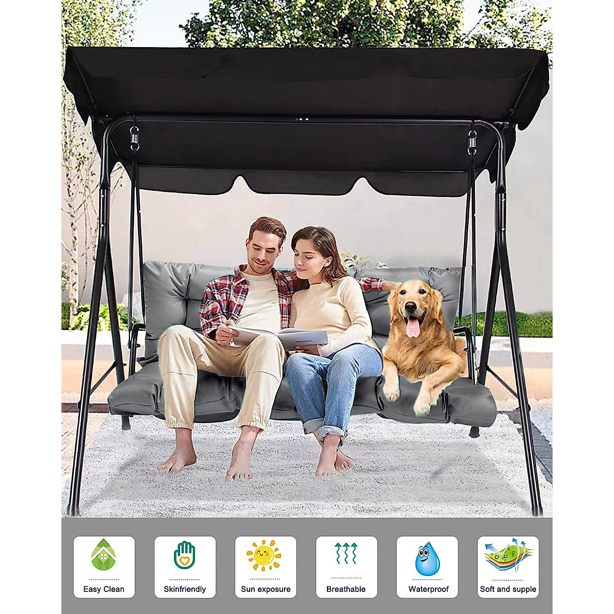 LCYY.JJ Outdoor Swing Cushions,Thicken 4'' Outdoor Bench Cushion 2-3 Seater with Backrest,Outdoor Porch Swing Cushions Placement with Ties, for Garden Recliner Seat Furniture Patio/light gray