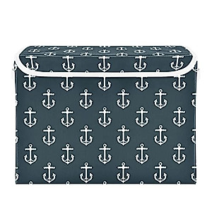 Kigai Storage Basket Blue Sea Anchor Nautical Storage Boxes with Lids and Handle, Large Storage Cube Bin Collapsible for Shelves Closet Bedroom Living Room, 16.5x12.6x11.8 In