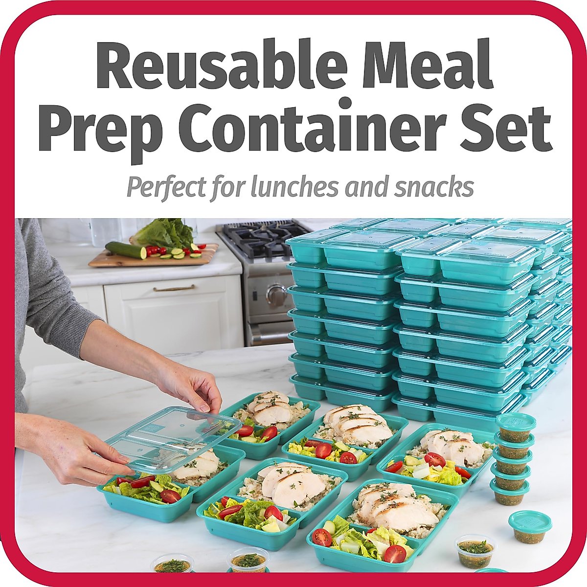 GoodCook Meal Prep 2-Compartment Reusable Food Storage Container Set with 50 Containers, Lids and Condiment Cups, Blue