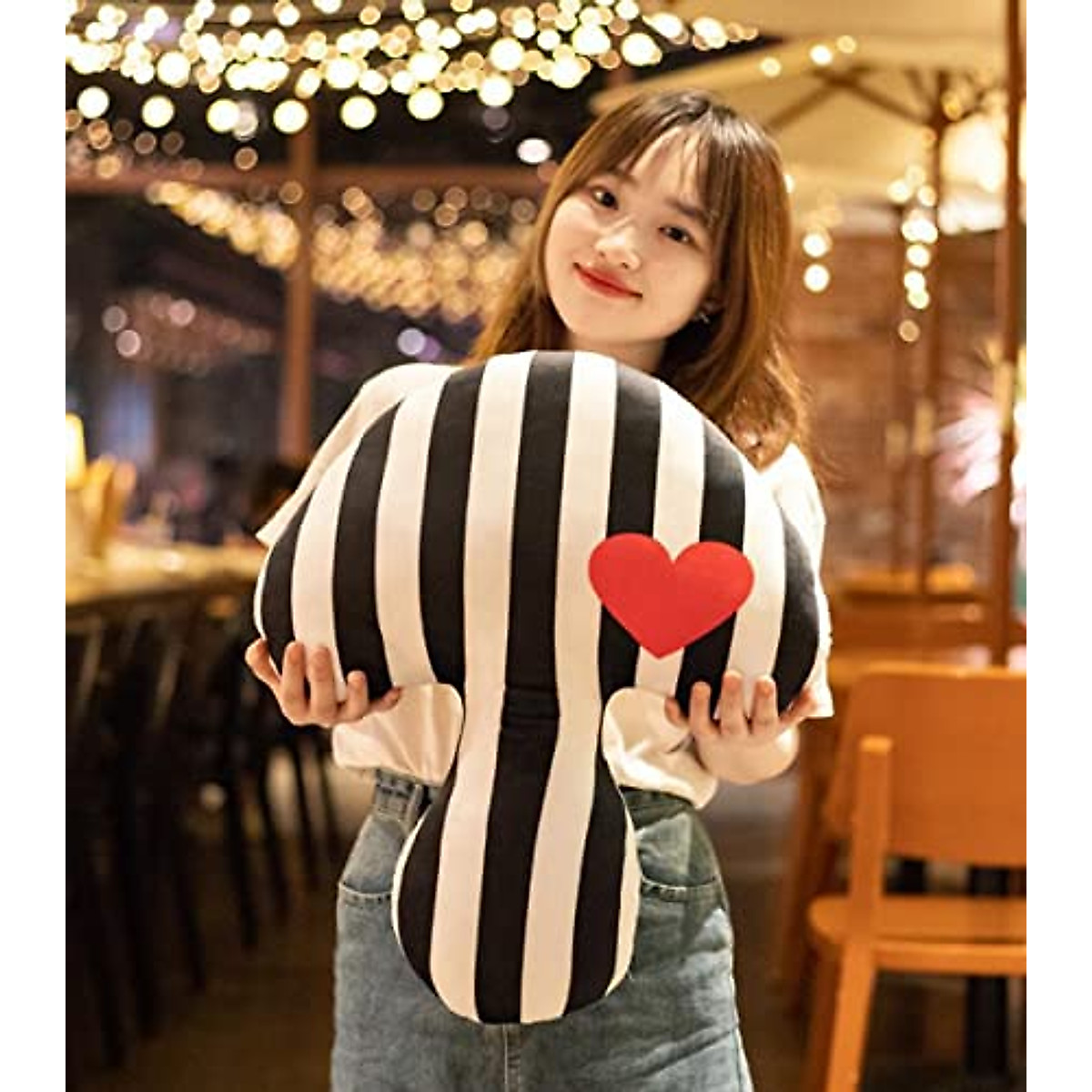 HXIYAN Black and White Striped Cushion, Shaped Pillow, Plush Mushroom Pillow, Lovely Chair, Sofa, Bedroom Decorative Pillow (15.7in, Love Stripe)