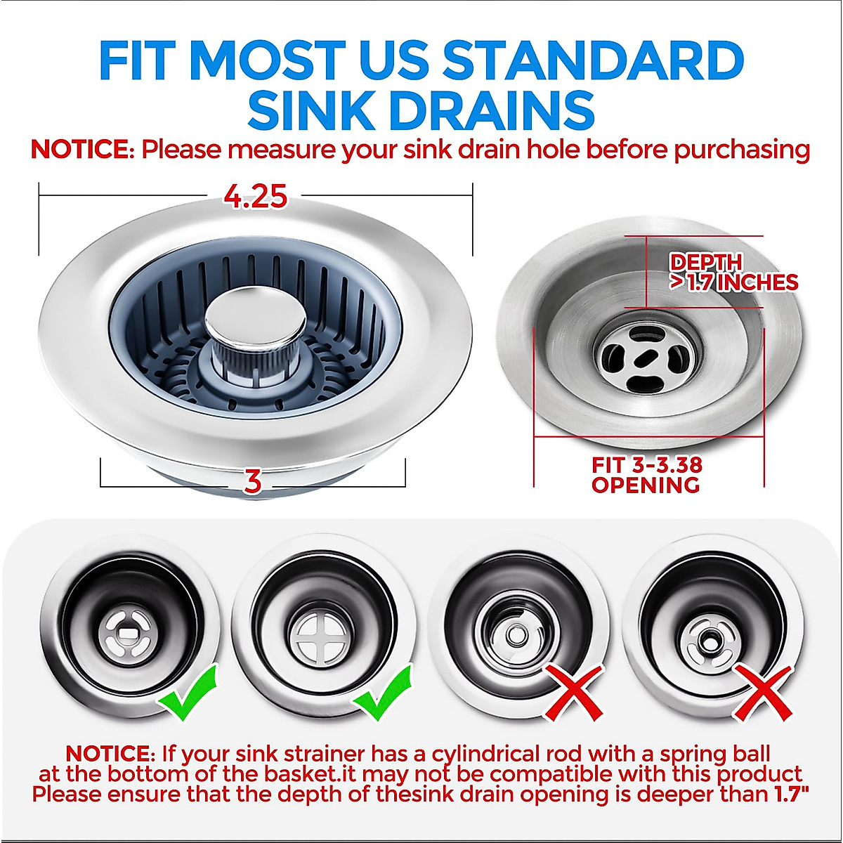 Upgraded 3in1 Kitchen Sink Drain Strainer & Sink Stopper, Stainless Steel Kitchen Drain Plug & Cover with Anti-Clogging Basket Strainer, Fit US Standard 3-1/2'' Sink Drain Hole, Silver