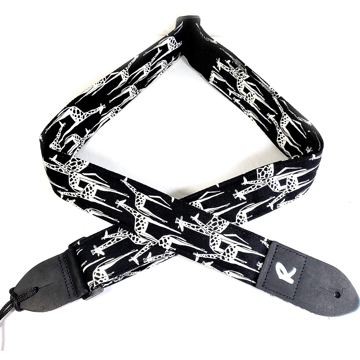 White Giraffe on Black Guitar Strap - Genuine Leather Ends, Includes 2 Strap Locks & 1 Pick. Adjustable Strap, For Bass, Electric & Acoustic Guitars Gift for Guitar Players Men, Women & Kids