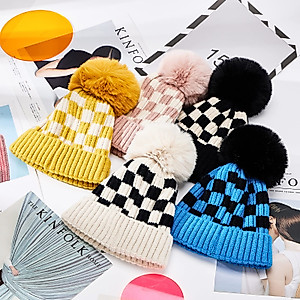 vchoohce Toddler Kids Baby Beanie Hat Knitted Thick Winter Caps Cute Checkerboard Pompom Hats for Girls Boys 1-4 Years Old (Plaid-White,1-4 Years)