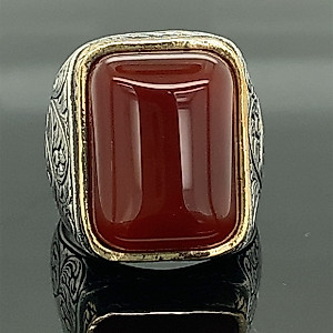 Men Handmade Ring, Red Agate Ring, Dark Aqeeq Gemstone Ring, Ottoman Style Ring, 925k Sterling Silver, Gift For Him