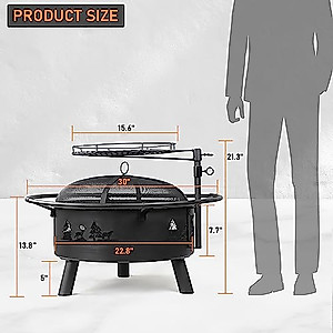 Fire Pits for Outside, Wood, Bonfire Pit, 30 Inch Round Cast Iron Fire Pit with Grill for Patio, Backyard with Spark Screen, Fire Poker and Metal Grate, Forest Cutout Pattern