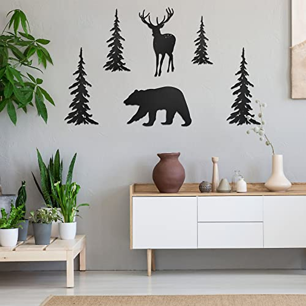 6 Pieces Metal Wall Art Deer Bear Pine Tree Wall Decor Hanging Forest Decor Rustic Cut Metal Art Metal Wall Decor for Home Bedroom Office Outdoor Decorations (Black)