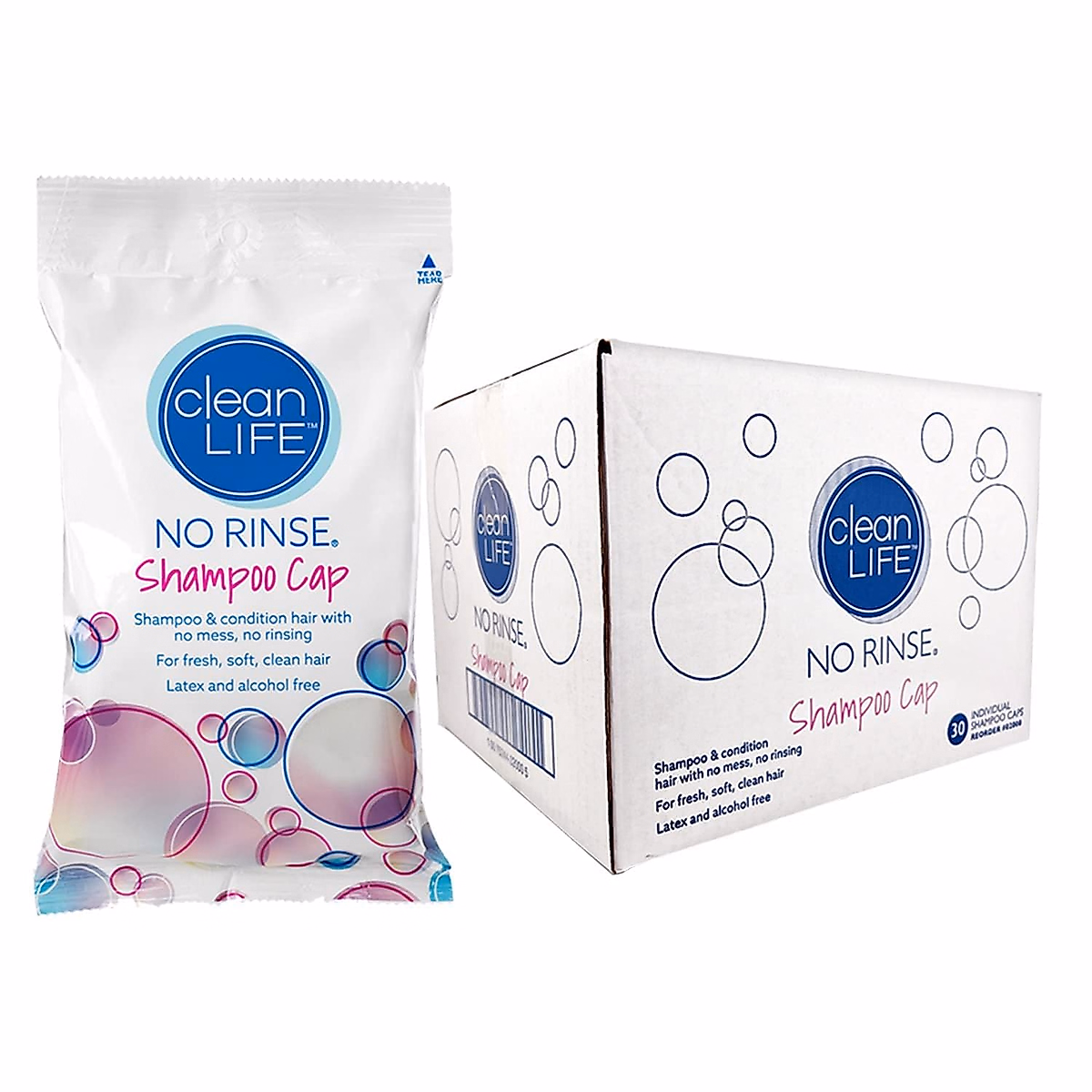 No-Rinse Shampoo Cap by Cleanlife Products (Pack of 30), Shampoo and Condition Hair with no Water or Rinsing - Microwaveable, Rinse-Free, Latex-Free and Alcohol-Free