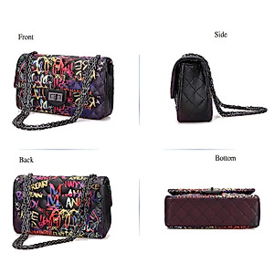 Wxnow Quilted Crossbody for Women PU Leather Shoulder Bags Purse with Chain Strap Handbags Black Graffiti