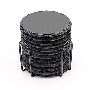 12 PCS Round Slate Drink Coasters Set, SIJDIEE 4 Inch Black Slate Stone Coasters with Anti-Scratch Bottom and Coaster Holder for Office Bar Kitchen Home Dinner Table Decor Supplies