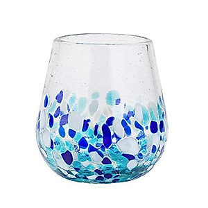 Amici Home Bahia Stemless Wine Glass | Set of 6 | Authentic Mexican Handmade Glassware | Blue and White Ombre | Wine Glasses for Red or White Wine, Cocktails | 16 Oz