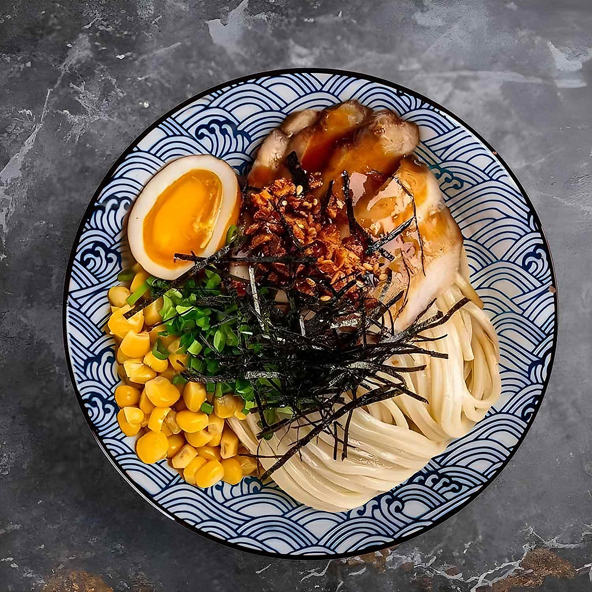 QINLANG 38 oz Japanese Ramen Bowls, Cereal Bowls, Soup Bowls, Pho Bowls, Noodle Bowls, 8 in Blue and White Ceramic Bowls Set of 4, Wave Pattern