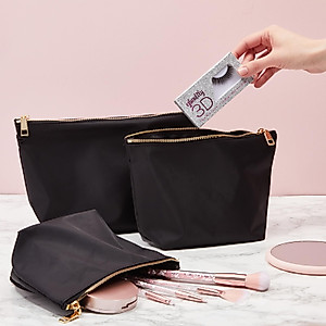 Glamlily 3 Piece Black Makeup Bag Set for Women, Nylon Zipper Cosmetic Pouch Organizers for Travel, Toiletries (3 Sizes)