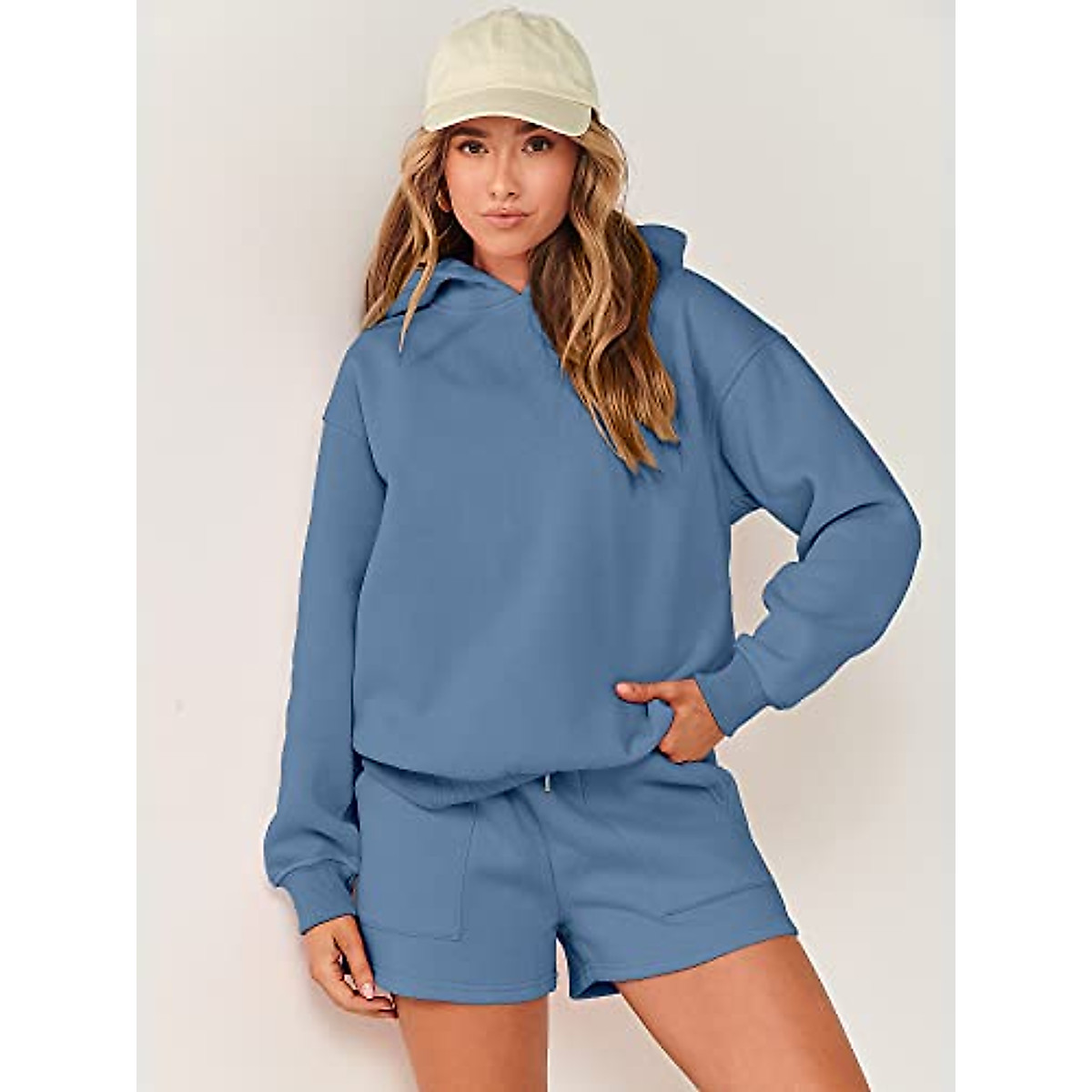 ANRABESS Women 2 Piece Outfit Oversized Hoodie Sweatshirt Shorts Lounge Sweat Set Sweatsuit Tracksuit 2025 Trendy Y2K Clothes Deep Blue Medium
