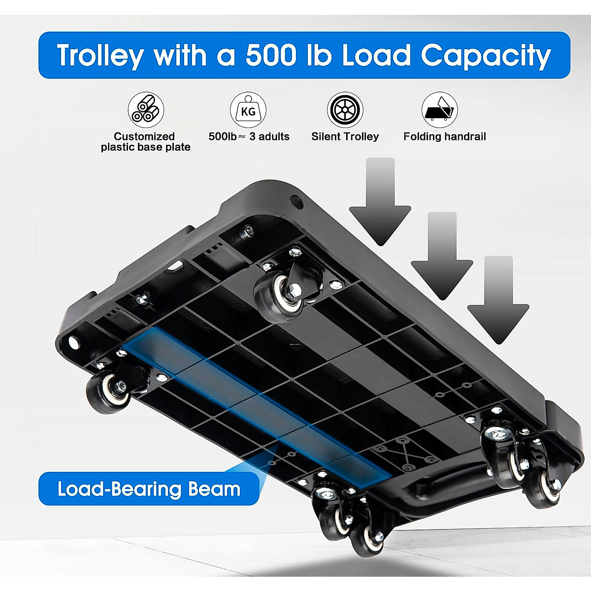 Hand Truck Dolly, Folding Hand Truck - Dolly Cart for Moving 500 LB Heavy Duty Luggage Cart with 6 Wheels & 2 Bungee Cords for Luggage, Travel, Moving, Shopping, Office (Black)