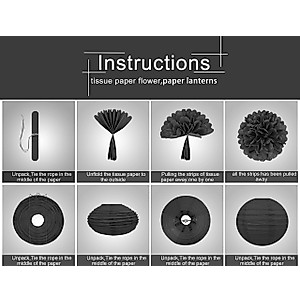 Black Silver Gold Party Decorations - 15Pcs Paper Flowers Tissue Pom Poms Paper Lanterns Graduation Hanging Decor Retirement Decoration 50th 80th 90th Men Birthday Anniversary HongTongTong