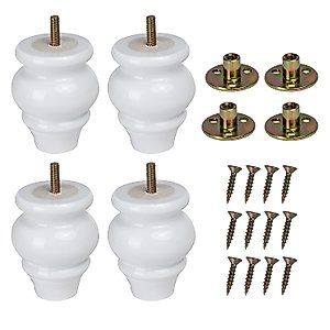 Mysummer Set of 4 Solid Wood Bun Furniture Legs 3.54 inch Tall White Finished M8 Replacement Furniture Feet Sofa Legs with Pre-Drilled 516 Inch Bolt and Mounting Plate and Screws for Couch Sofa
