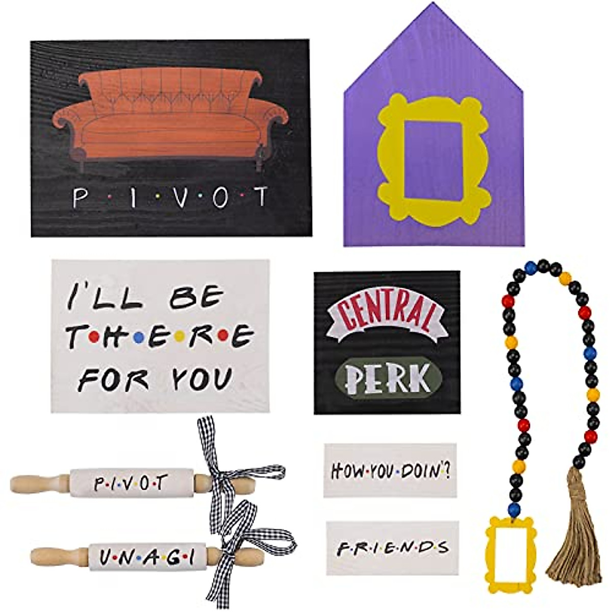 9 Pieces Friends Tiered Tray Decor Set Friends TV Show Gift Wooden Rustic Modern Decor Items Friends TV Show Merchandise Friends Theme Mini Wooden Signs for Kitchen Table Decoration