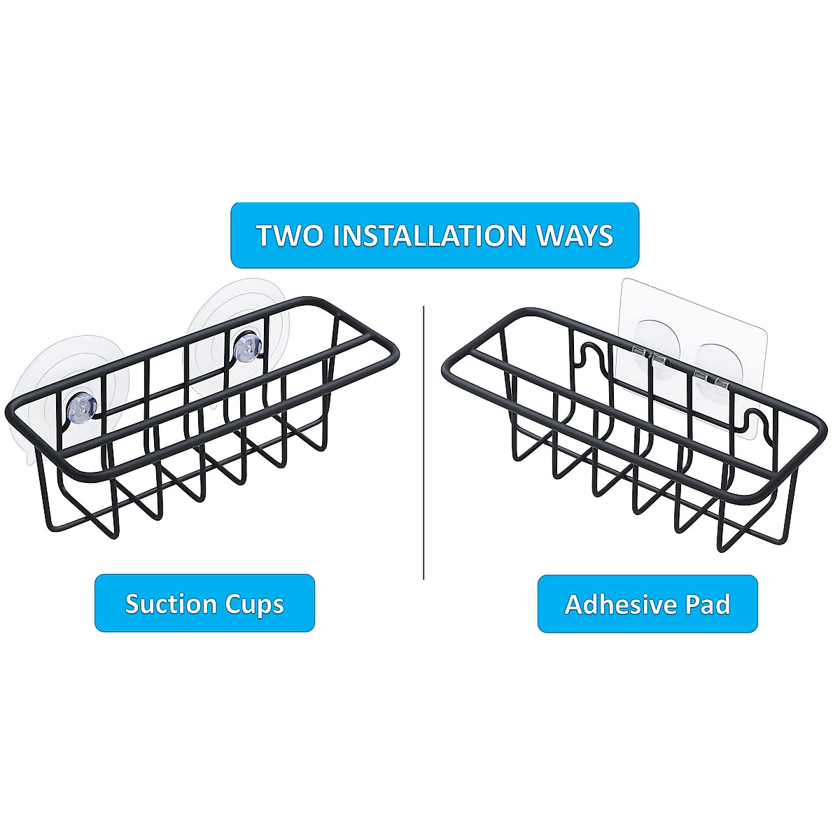 TESOT Sink Caddy Sponge Holder for Kitchen Sink Dish Cloth Hanger 2 Suspension Options(Suction Cups and Adhesive Hook), SUS304 Stainless Steel, Black