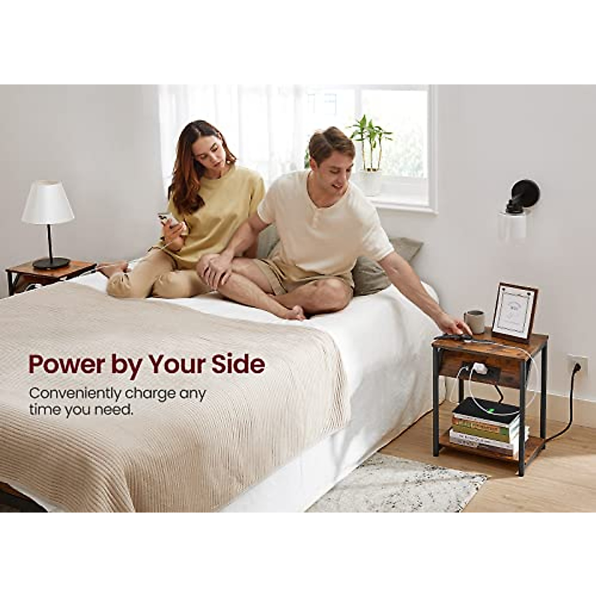 VASAGLE Side Tables with Charging Station, Set of 2 End Tables with USB Ports and Outlets, Nightstands for Living Room, Bedroom, Plug-in Series, Rustic Brown and Black ULET372B01